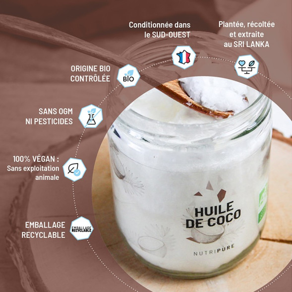 Huile de coco bio 100 vegan 400ml non raffinée & crue | Nutripure